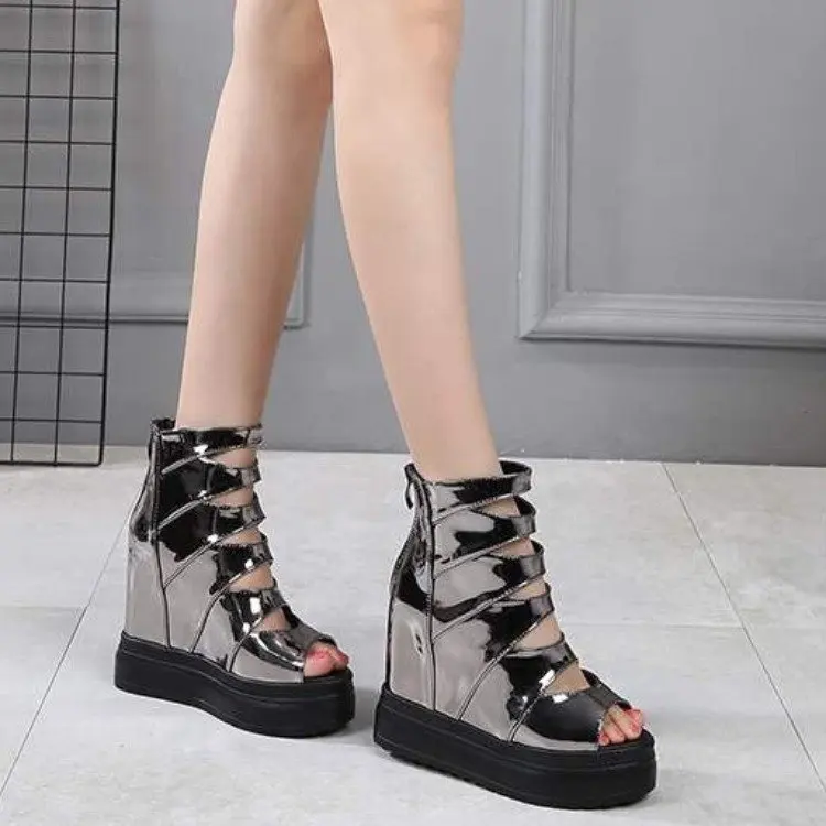 Summer Women's Fashion Back Zipper Peep Toe Hollow Out Super High Wedge ...