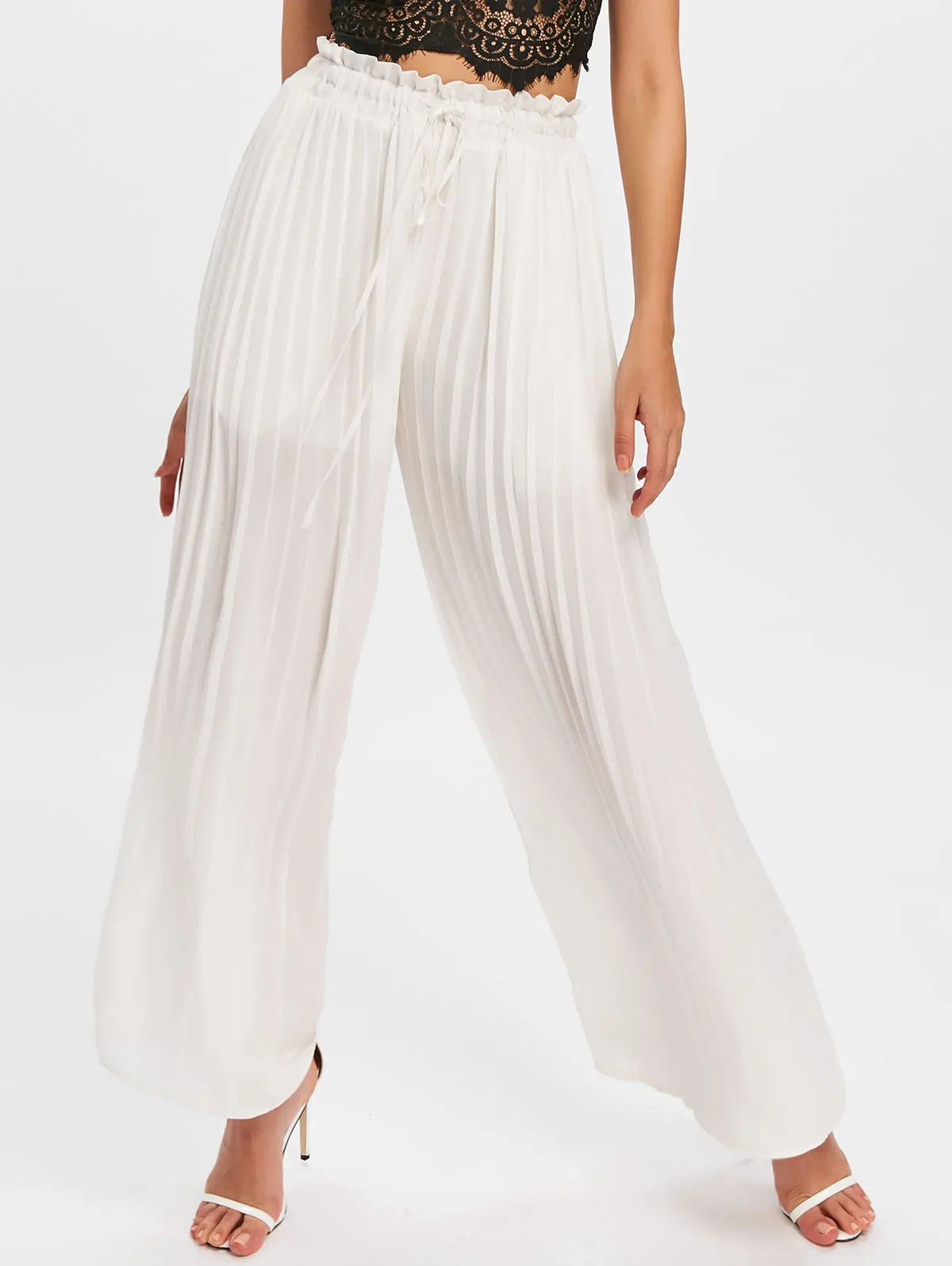 Kenancy High Waist Drawstring Wide Leg Pants Sheer Overlay Chiffon