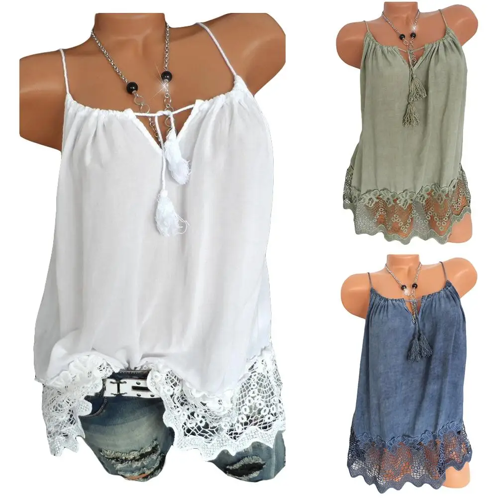 Women Summer Lace Solid Color Sleeveless Spaghetti Strap Tank Top Vest