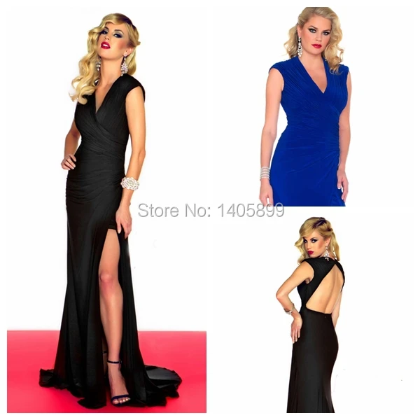 V Neck Cap Sleeve Criss Cross Pleat Natural Slit Floor Length Open Back ...