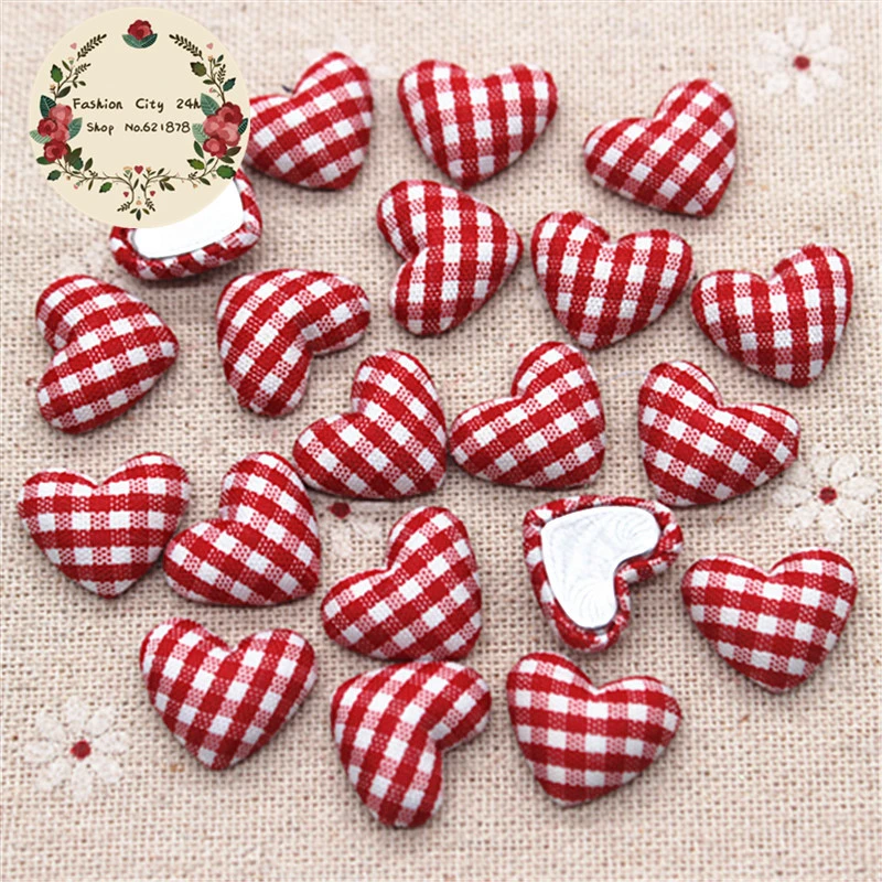 17mm 50pcs Red+white Lattice Fabric Covered Heart Button Flatback ...