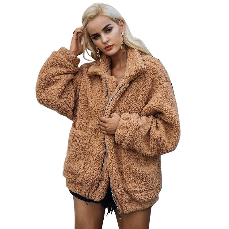 Loose Winter Autumn Basic Women Jackets Coat Warm Fleece Pockets Soft ...