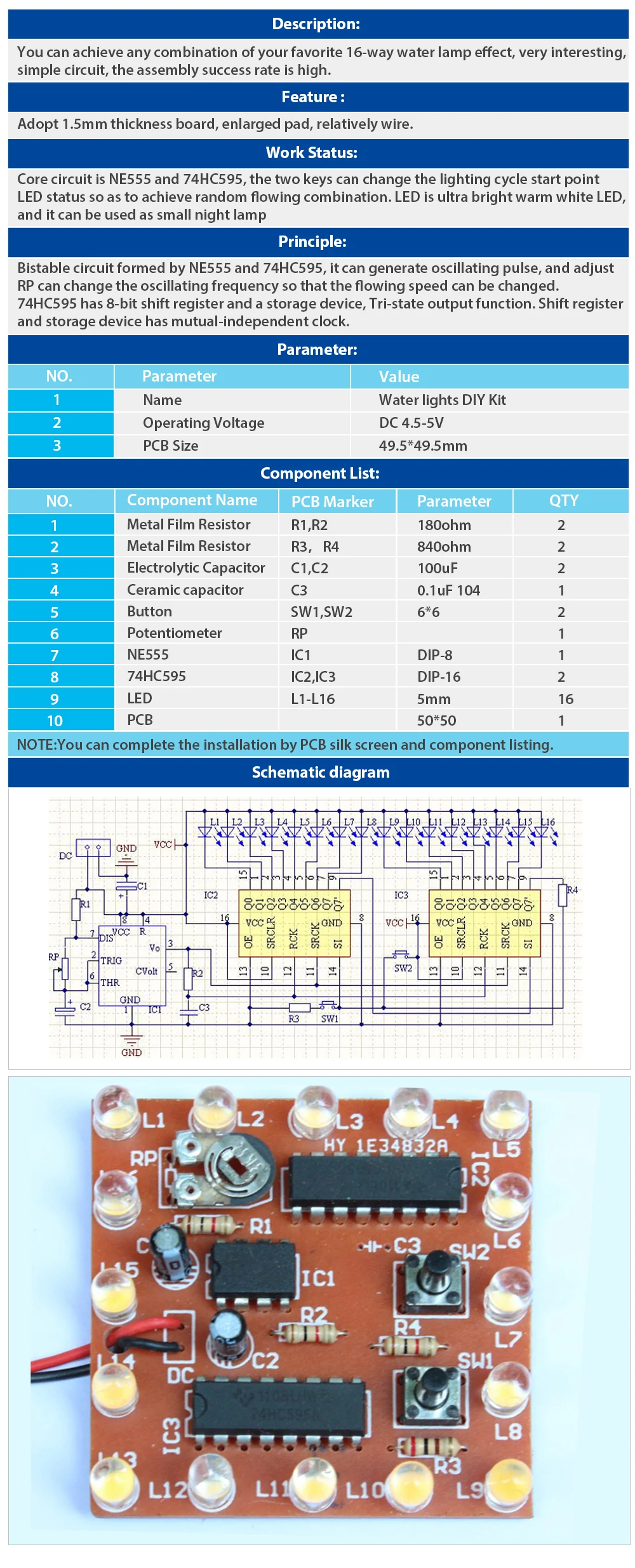 Monday Kids NE555+74HC595 16Bit 16 Channel Light Water Flowing Lights ...
