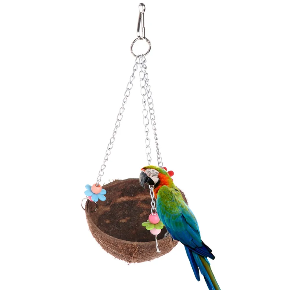 Natural Coconut Shell Bird Nest Cage Feeder Hanging Standing Toys For 