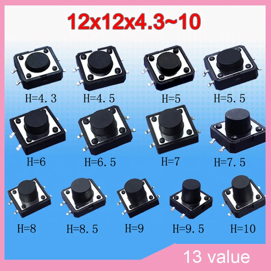 13valuesx10pcs130pcs Tact Switch Kit 121243 10mm Smd Tactile Push Button Switches 12x12 Mm