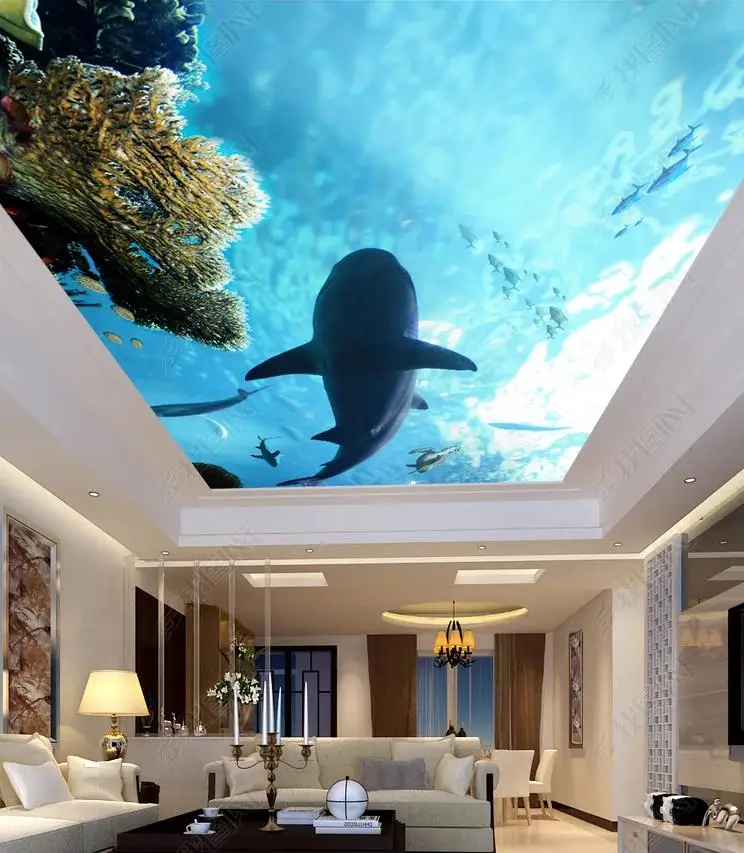 1829-Giganic-Sharks-Swimming-Printing-stretch-ceiling-film-for-workshop ...