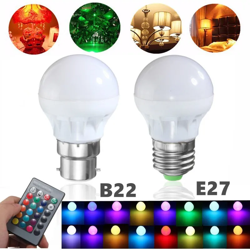 RGB LED Light Bulb E27 B22 3W 16 Colors Changing Magic Lamp Spotlight ...