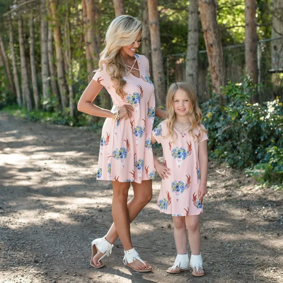 Family Match Outfits 2018 New Summer Block Printed Dress Mother ...