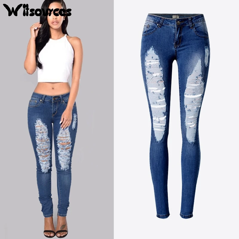Witsources Women Sexy Pencil Denim Pants Big Holes Ripped Long Trousers