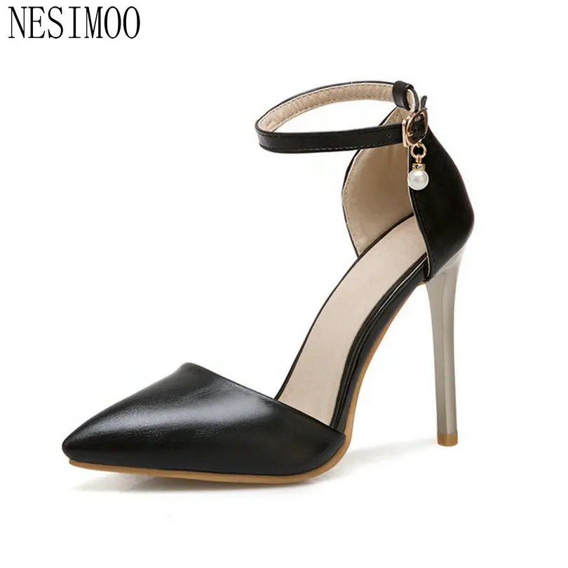 Nesimoo 2018 Women Pumps Pointed Toe Thin High Heel Pu Leather Ankle