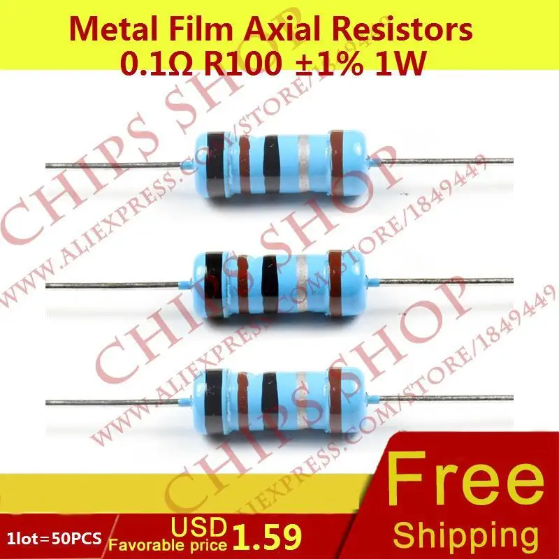 1 lote = 50 unids metal Películas axial Resistencias 0.1ohm R100 1% 1 W ...