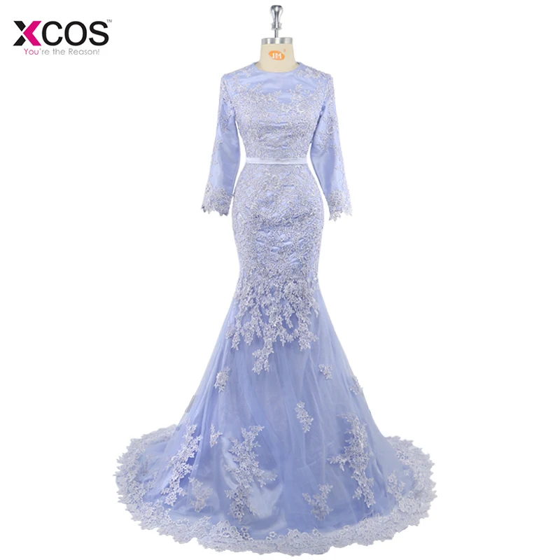 Elegant Mermaid Muslim Evening Dresses Long Sleeve High Neck Applique
