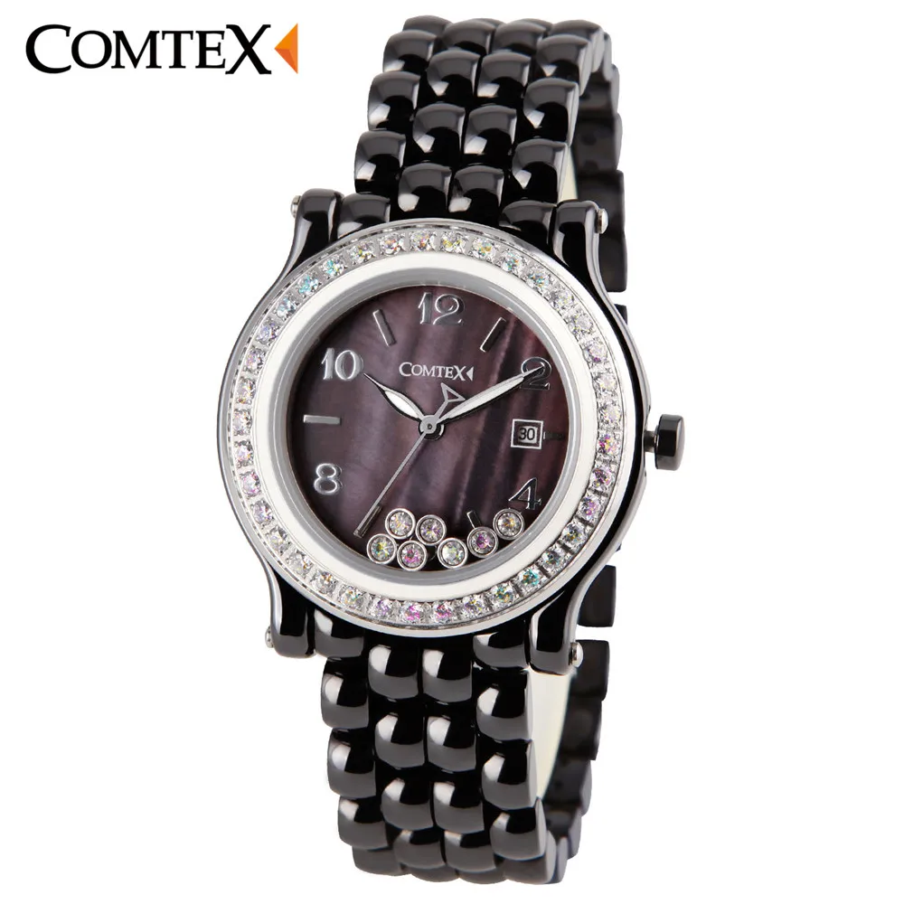 COMTEX Women Watch New Fashion Design Luxury Black Ceramic Quartz ...