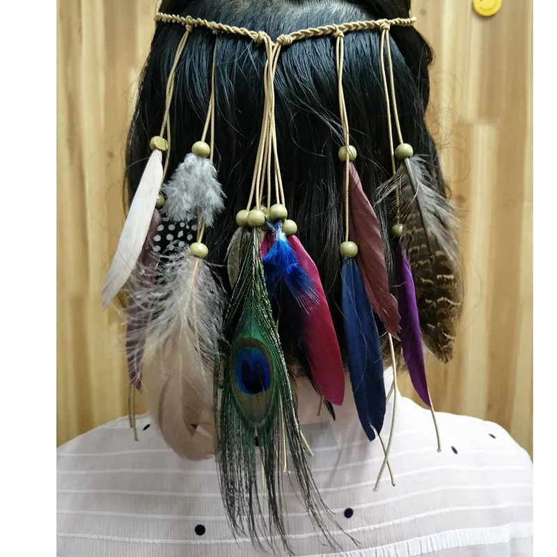 1 Pcs Peacock Feather Fascinator Hair Band Indian Headdress Feathers Bohemian National Style