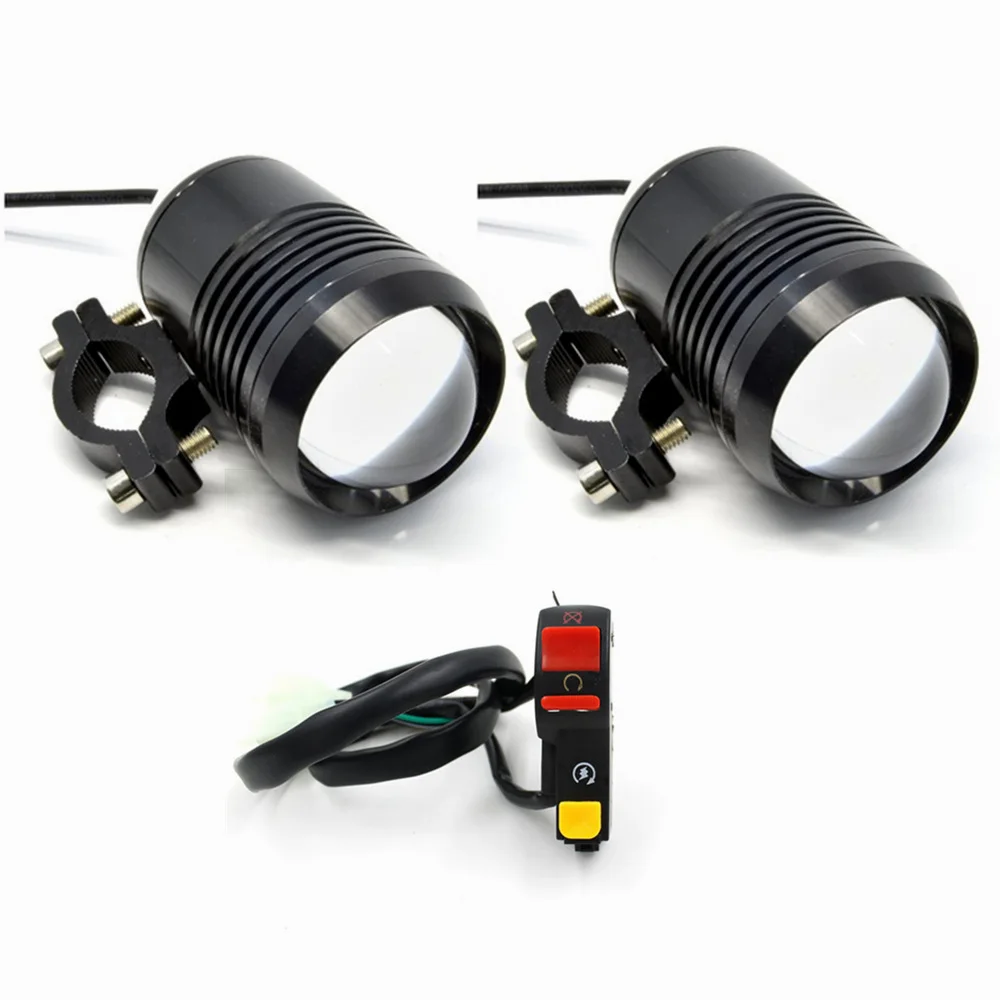 2 Pcs LED Black Motorcycle Light And Button Switch Super Bright U2 U3