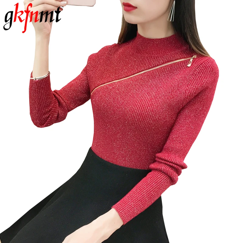 Shiny Lurex Half Turtleneck Women Sweater And Pullover Zipper Basic