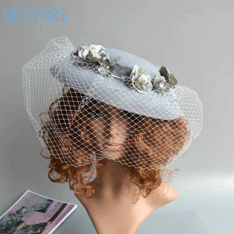 BRITNRY Vintage Grey Wedding Hat Handmade Flowers with Tulle Bridal Hat ...