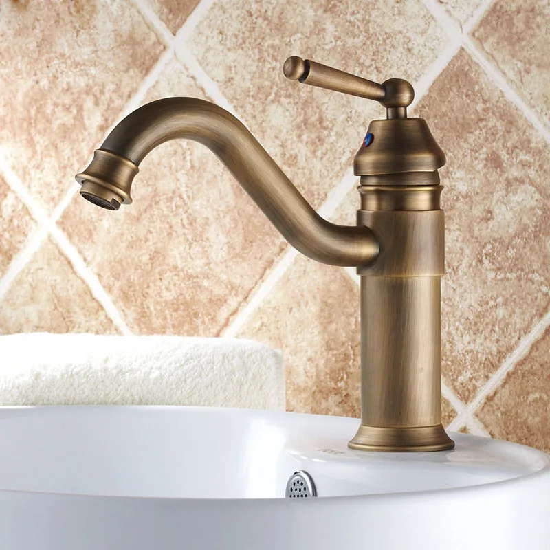 Buy Antique Brass Single Handle Swivel Spout Bathroom Basin Faucet Washbasin