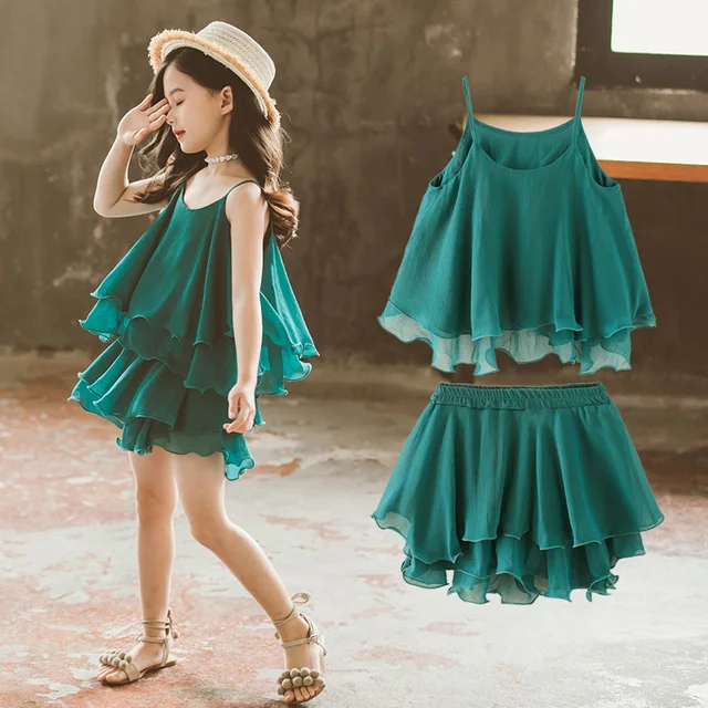 chiffon girls fashion kids outfit 2019 spring 2 pieces green big size ...