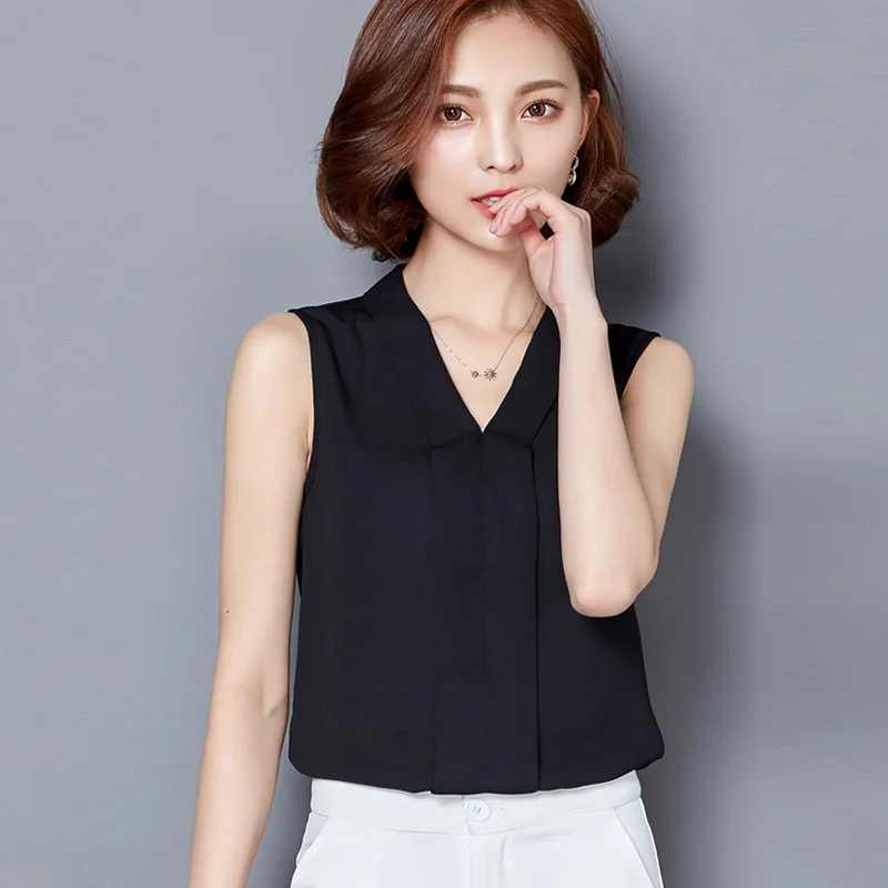 Korea Style Women Chiffon Blouses Ladies Tops Summer Female Sleeveless