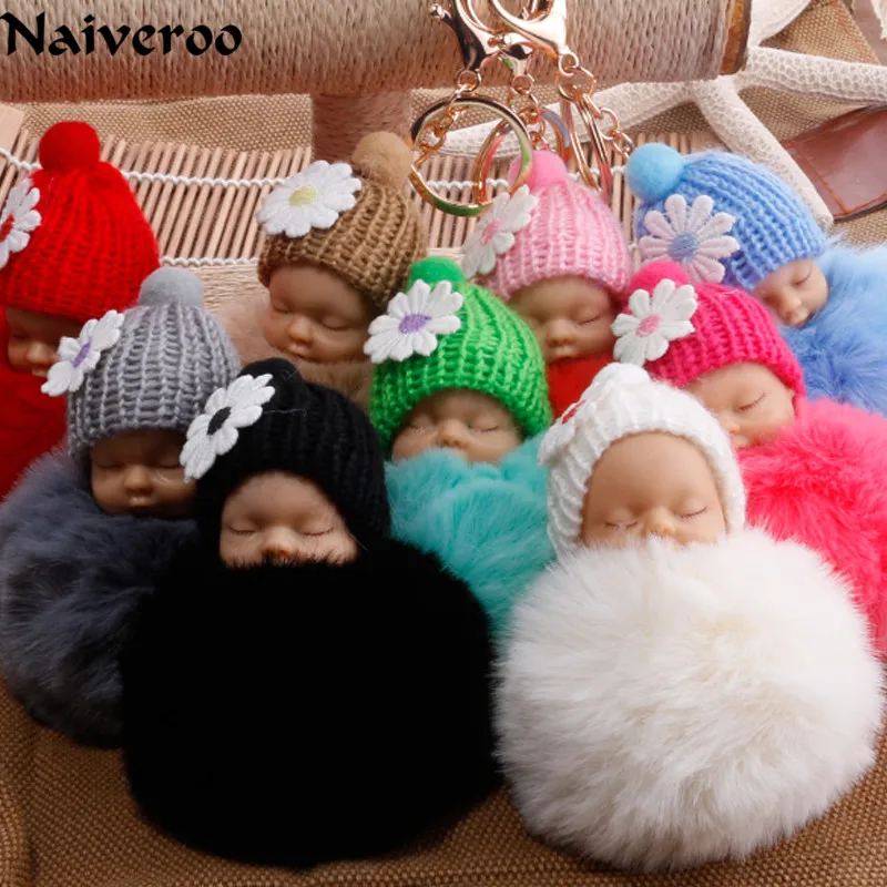 Sleeping-Baby-Doll-Keychain-Pompom-Fur-Ball-Car-Keyring-Baby-Toy ...