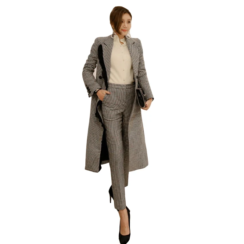 2018 Elegant Winter Thick Plaid Women Pant Suits Double Breasted Long ...