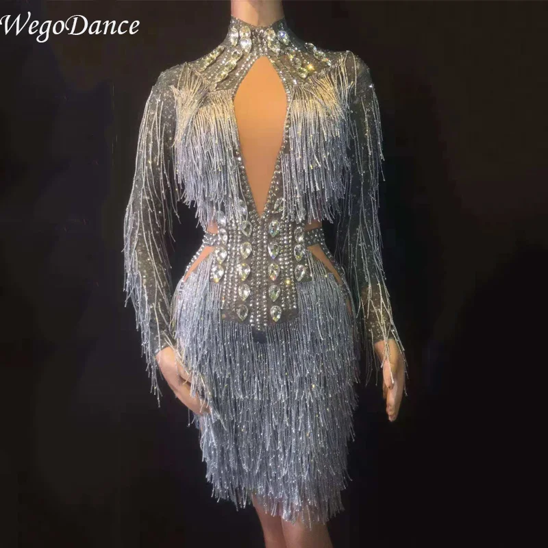 New Silver Tassel Sparkling Crystals Sexy Mesh Short Dress Nightclub