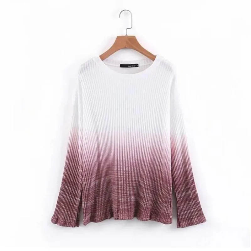 Casual V Neck Contrast Gradient Color Knitted Sweater Autumn New Woman