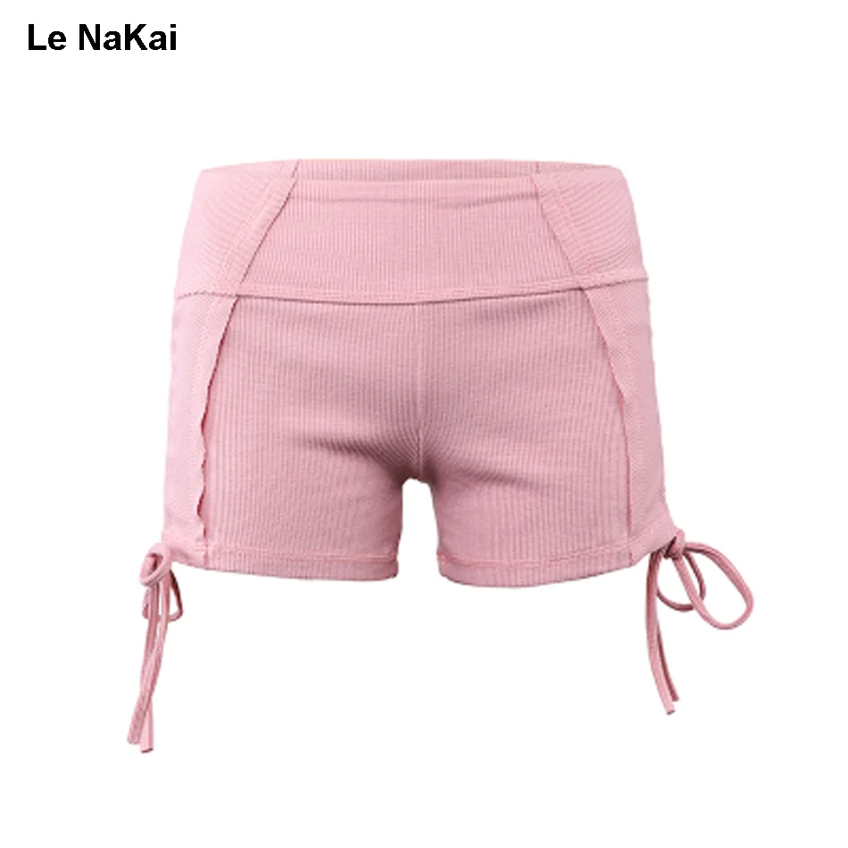 Le Nakai Cute Side Tie Ribbed Knitting Yoga Shorts Solid High Waist ...