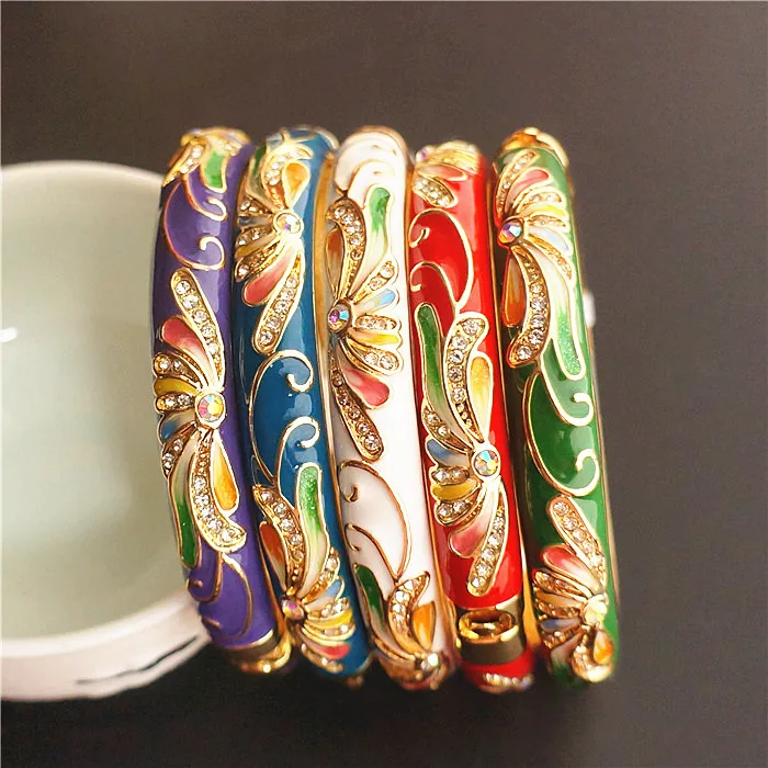 Colour Chinese Ethnic Big Bangles For Women Rhinestone Cloisonne Enamel ...