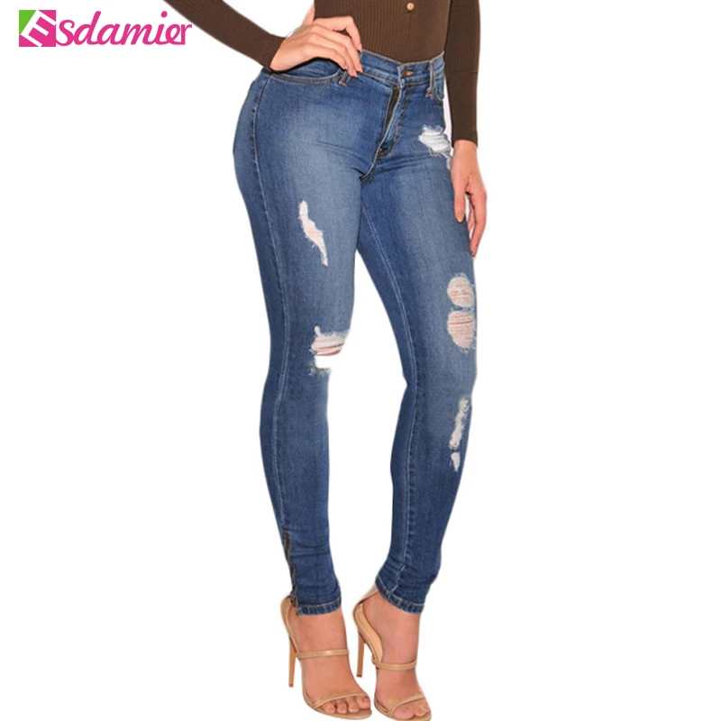 Brand New Fashion Ripped Jeans Women Blue Washed High Waist Jeans Femme ...
