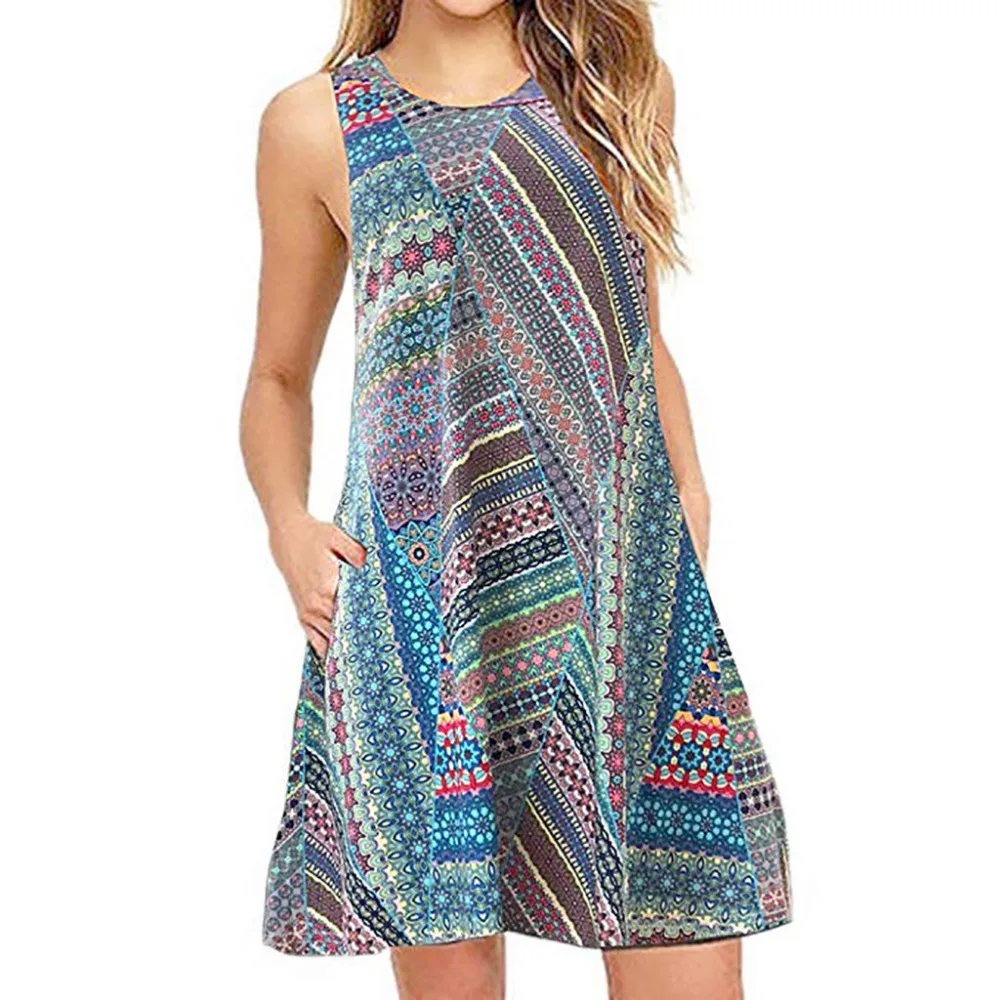 Womens Summer Casual Sleeveless Floral Printed Swing Dress Sundress