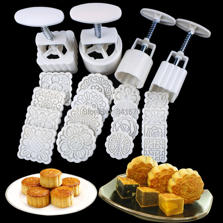 1set Moon Cake Mold Maker Hand Pressure With Mooncake 16 Pieces Flowers ...