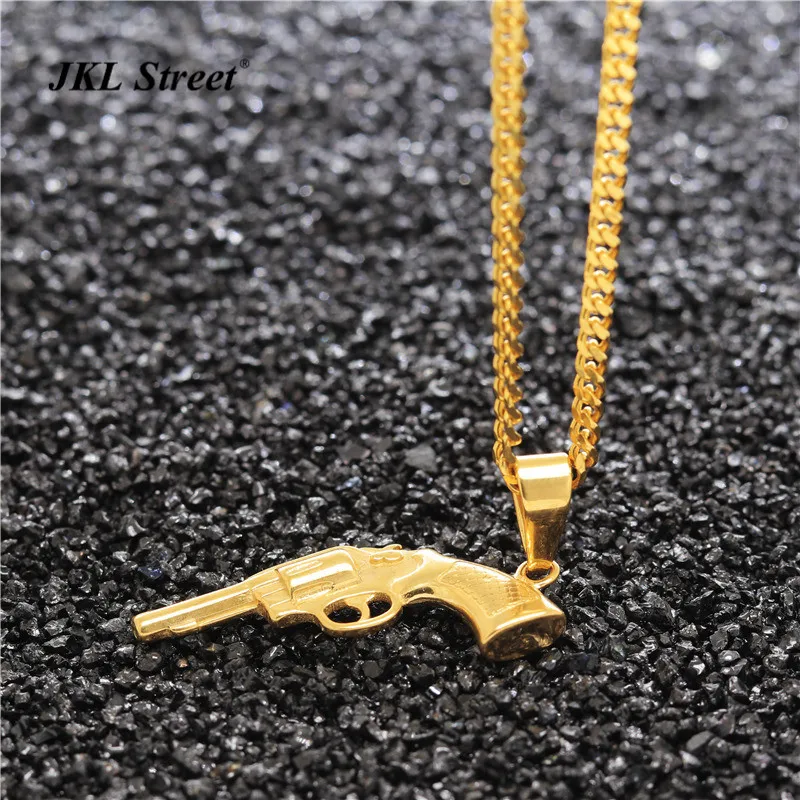 Mens Stainless Steel Gold Mini Revolver Pistol Gun Charm Pendant w/24 ...