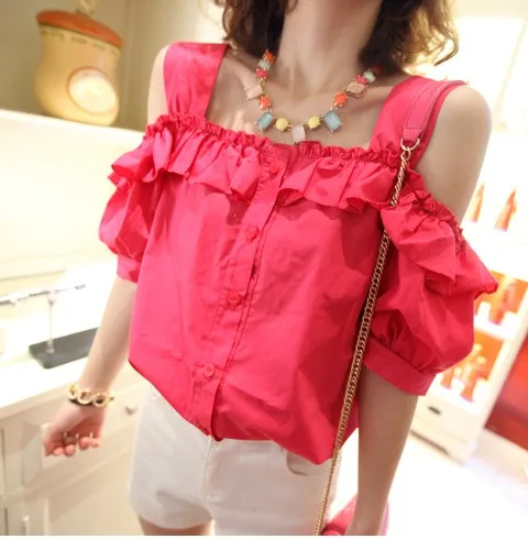 2013 solid color spaghetti strap ruffle strapless cotton blouse slim ...