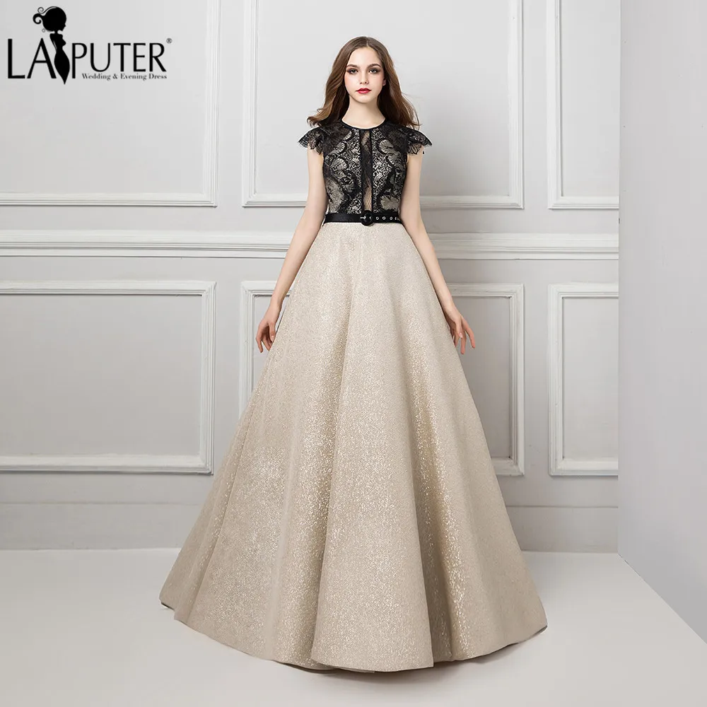 Laiputer 2018 A line Champagne Evening Prom Dress Belt Cap Sleeves Sexy ...