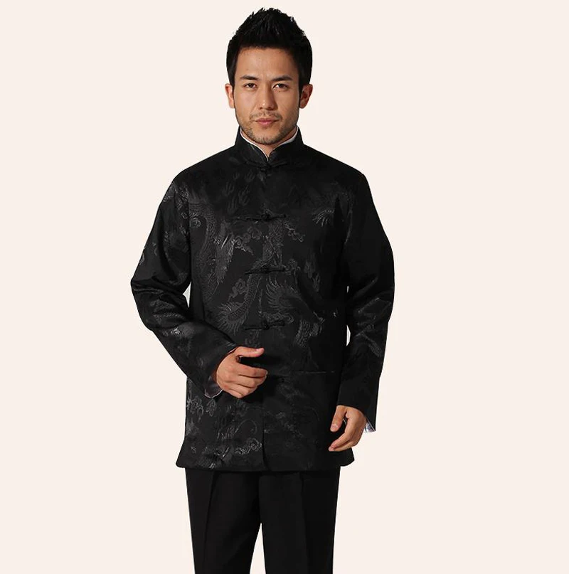 Black Traditional Chinese Men Silk Satin Jacket Novelty Kung Fu Coat ...