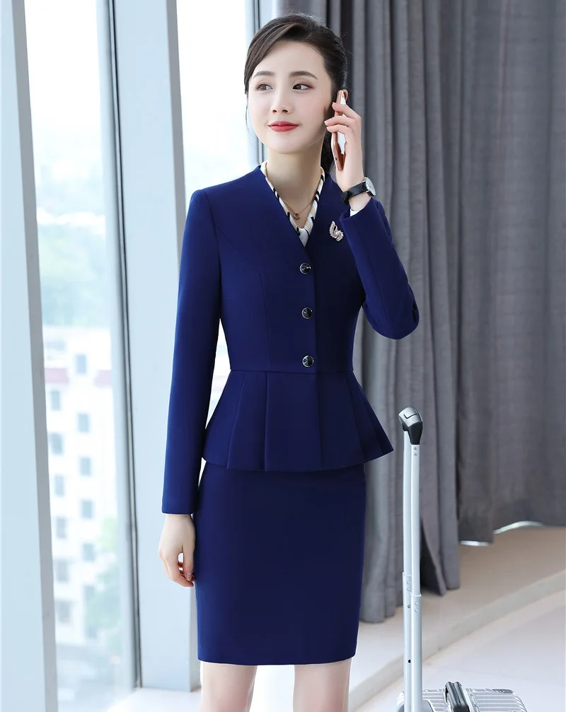 Formal Blue Blazer Women Skirt Suits Blazer and Jacket Sets Ladies ...