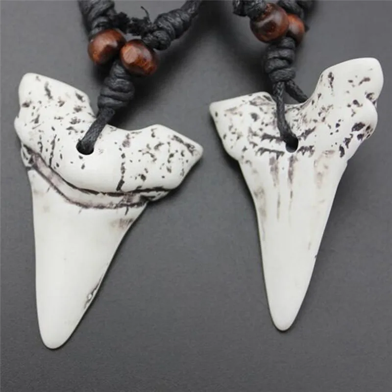 White Faux Bone Carving Shark Tooth/Teeth Charm Pendant Wood Beads ...
