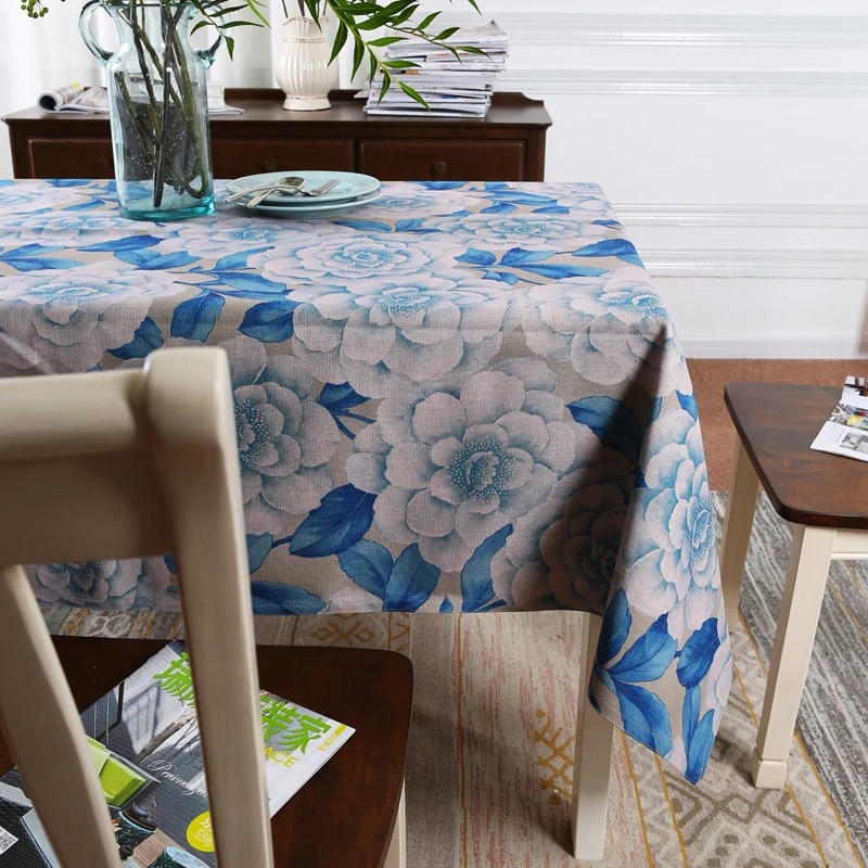 beautlful blue and pink flower Linen Table Cloth Country Style Flower ...