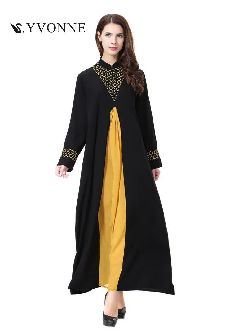 Women Long Ethnic Clothing Muslim Arab Dresses Solid Color Embroidery ...