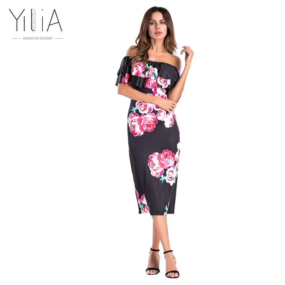 Yilia 2017 Summer Dress Off Shoulder Sleeveless Women Dresses Print