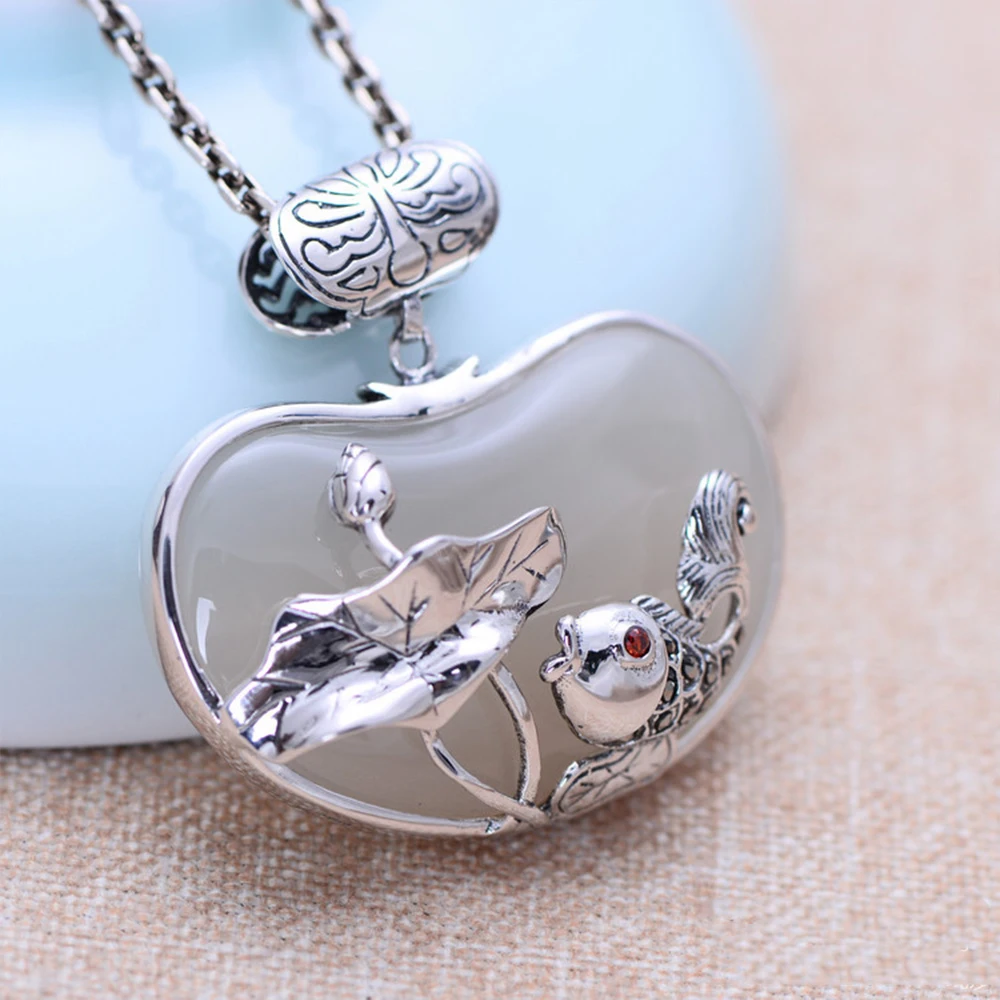 MetJakt Vintage Long Life Lock Pendant Natural White Jade Pendant with ...