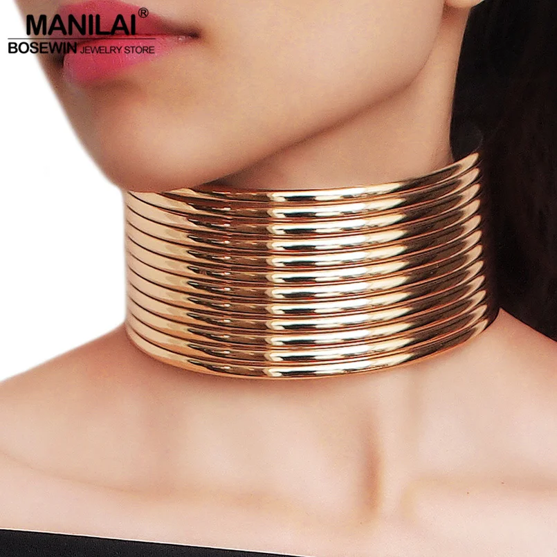 Manilai Vintage Chunky Chokers Necklaces Gold Color Leather Statement