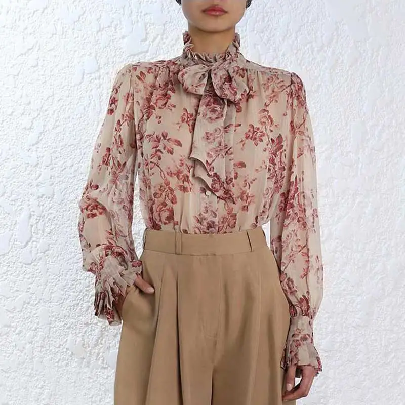 Boho Inspired Pink Floral Print Chiffon Tops High Neck Collar With Bow