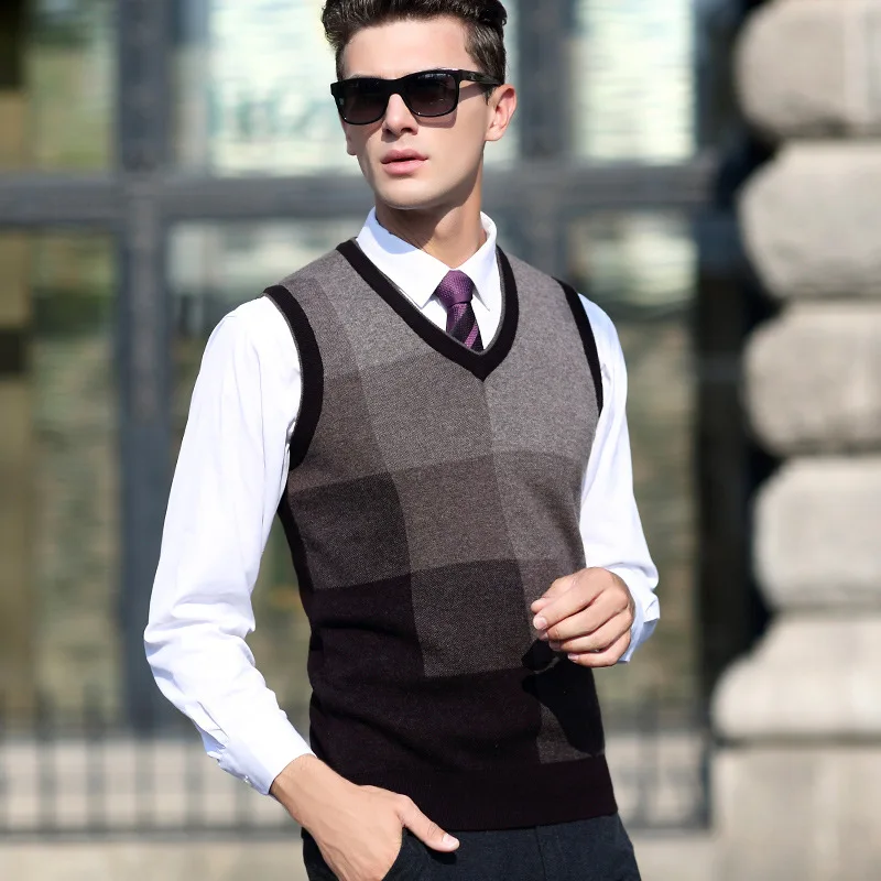 New Arrival Autumn Winter Men Wool Vest Sleeveless Sweater Plaid Casual Computer Knitted V Neck
