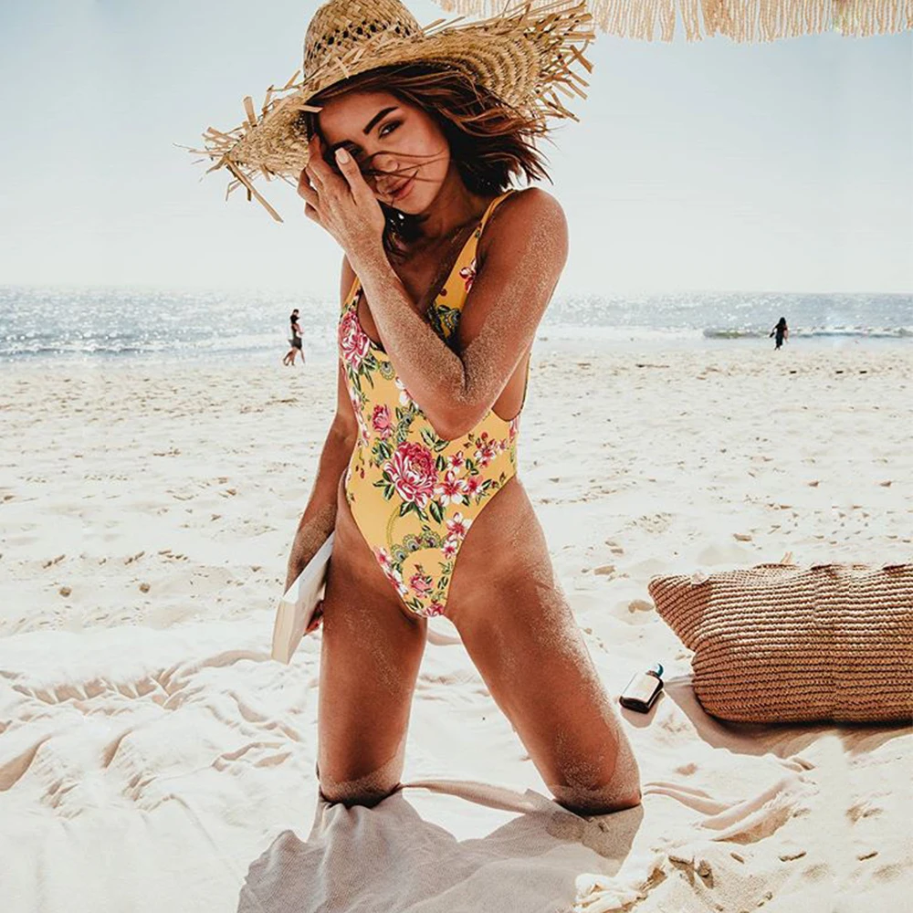 Sexy Bare Back Bikini For Women Swimsuit Swimwear Yellow Printing