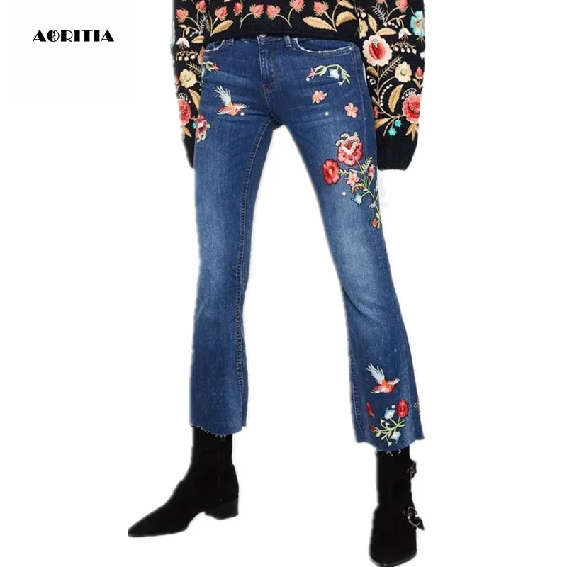 2017 Woman Flare Pants Embroidery Bead Jeans Wide Leg Trousers Female ...