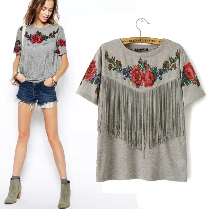 2017 Summer New Fashion Women Short Sleeve Chest Tassel Fringed Printed Crew Neck Tribal High