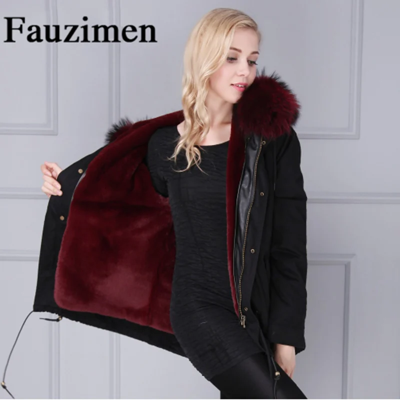 Winter Jacket dark red Parka Real Fur Collar Winter Coats Faux Fur ...